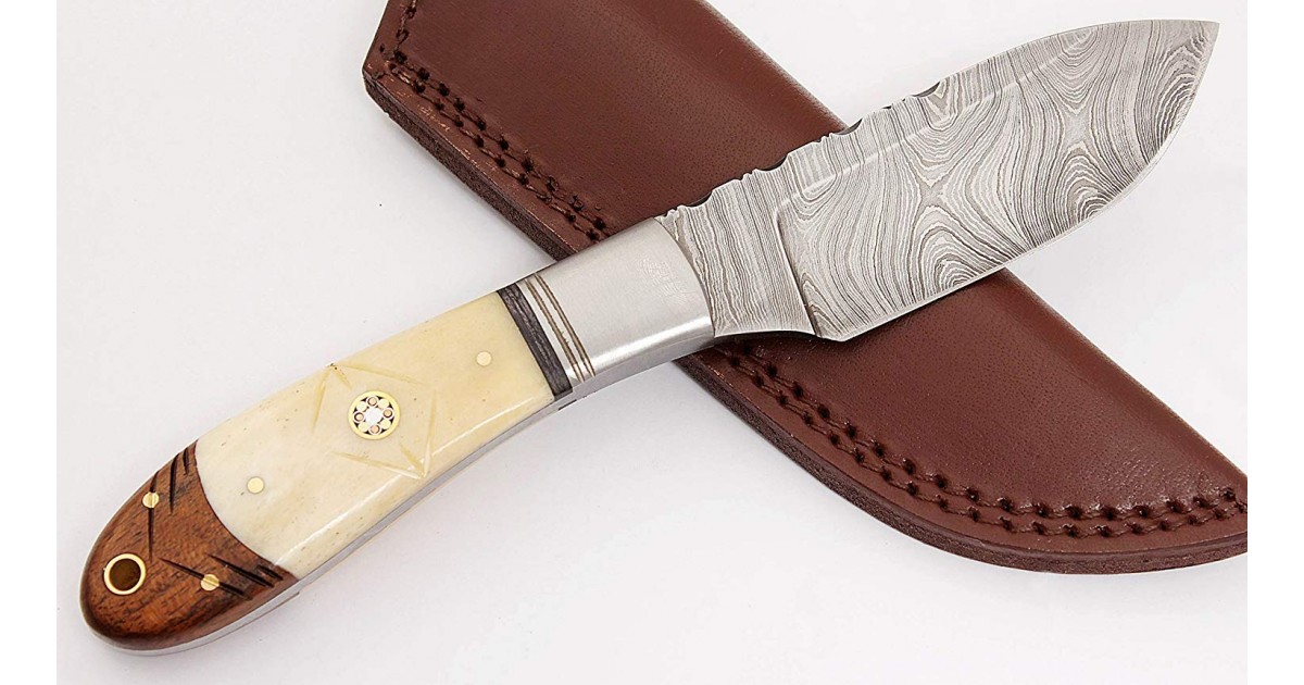Damascus Steel Skinner Bone Handle Skinning Hunting Knife Sheath 